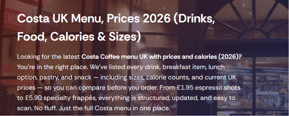 Costa Menu For UK With Prices & Nutritional Information 2026